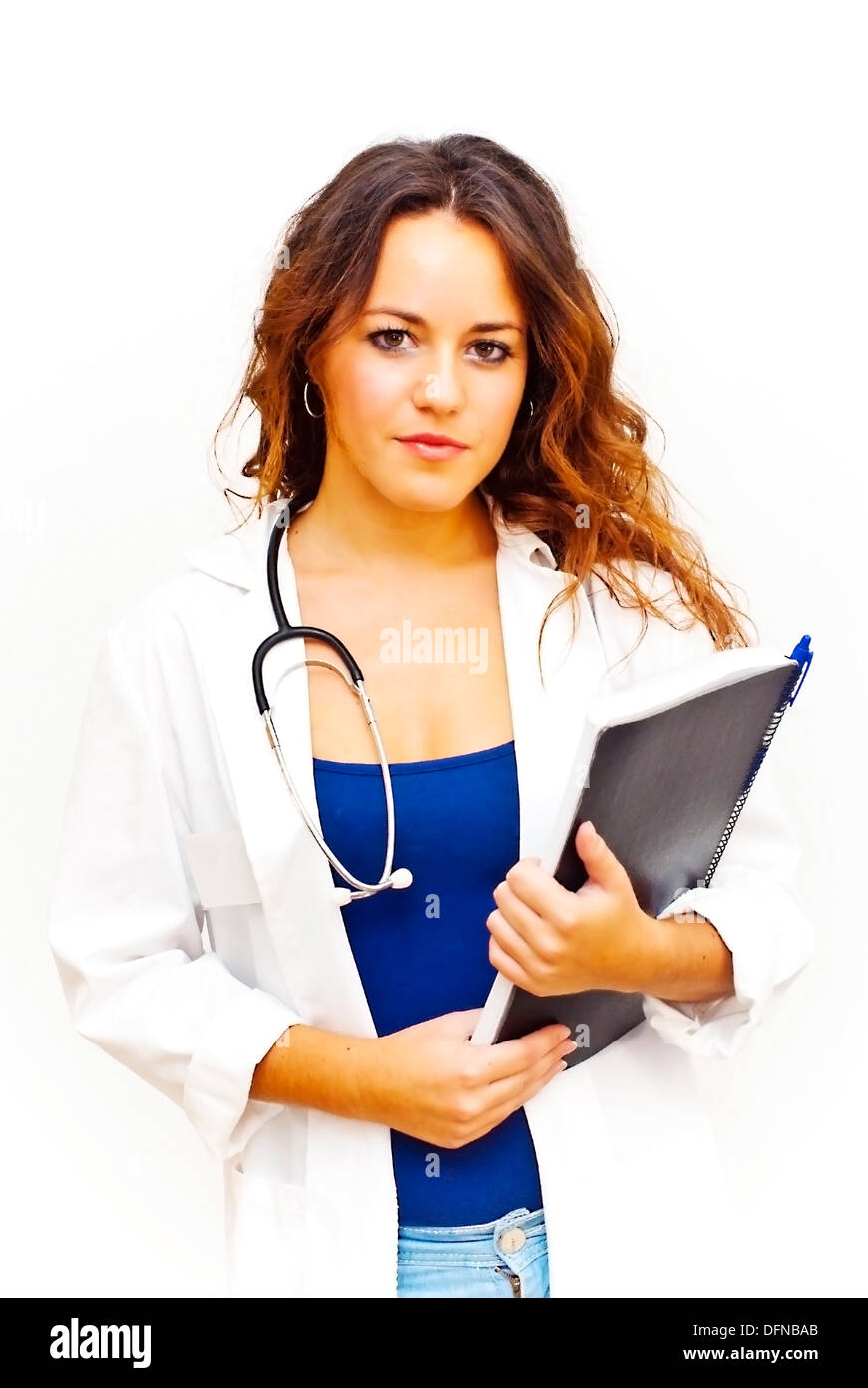 Pretty medical doctor woman over white background Stock Photo - Alamy