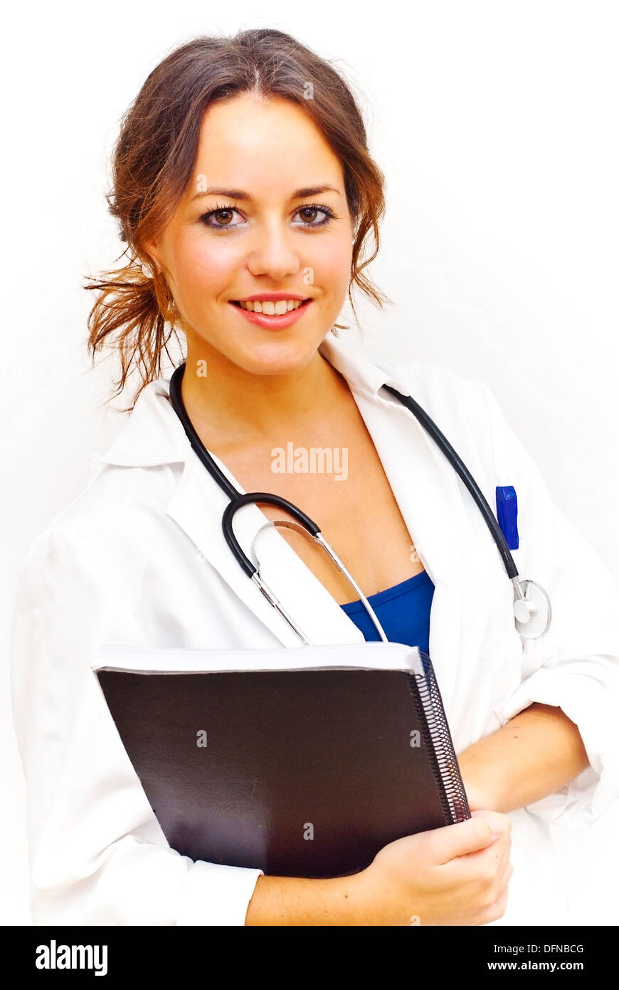 Pretty medical doctor woman over white background Stock Photo - Alamy
