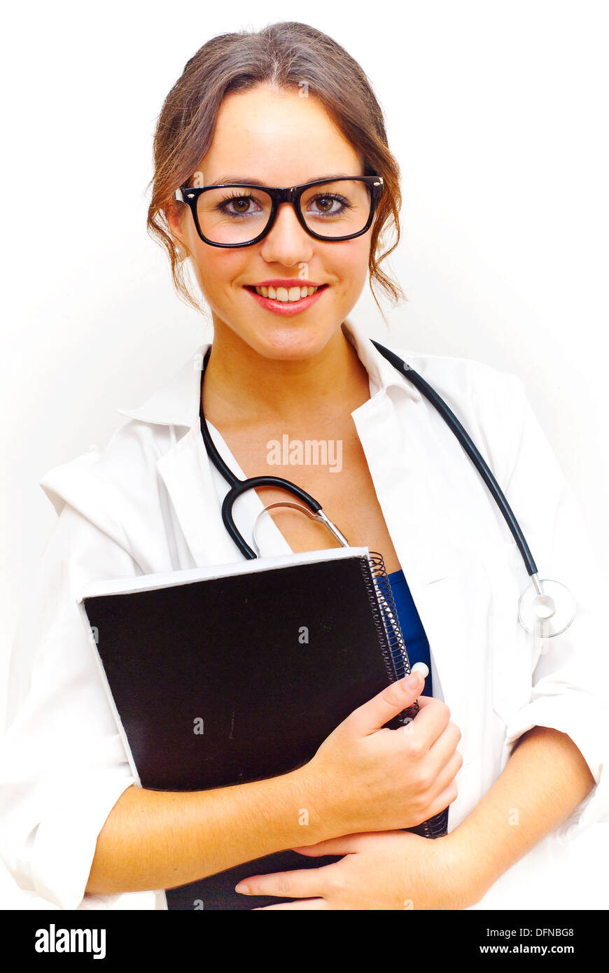 Pretty medical doctor woman with glasses and stethoscope over white ...