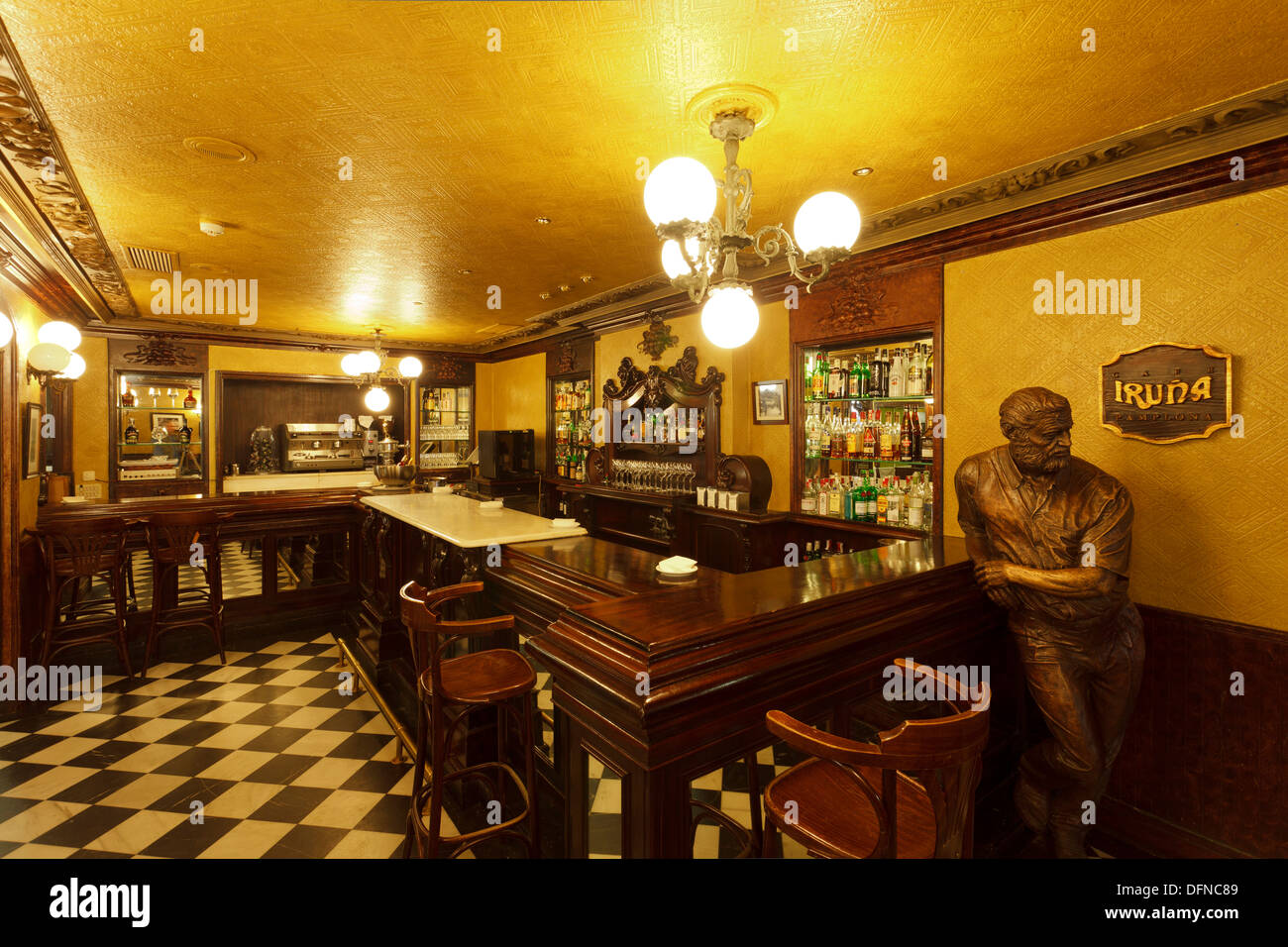 Hemingway figure at the bar of Cafe Iruna, Plaza de Castillo, Pamplona ...