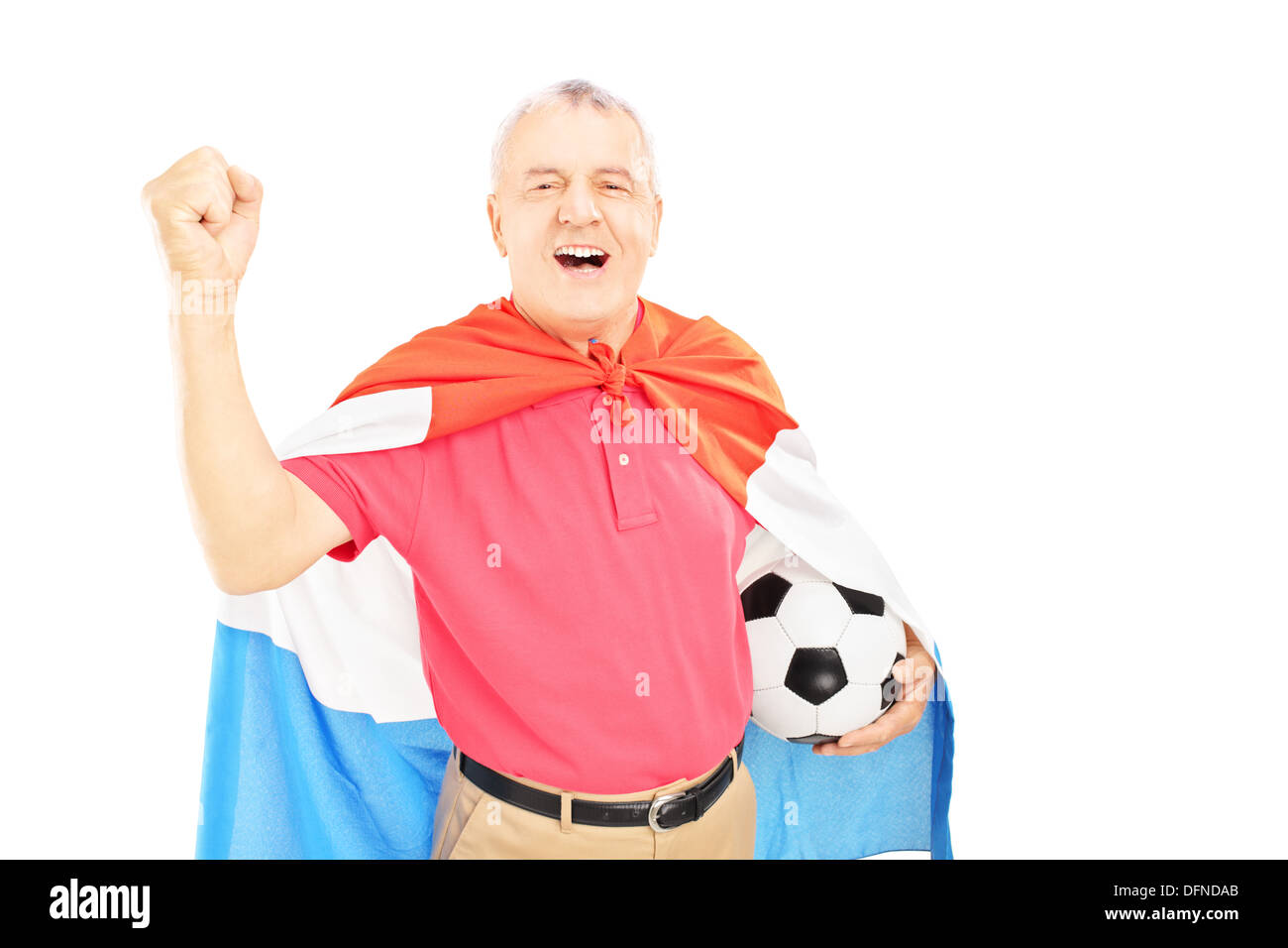Senior male sport fan, with dutch flag holding a soccer ball and ...