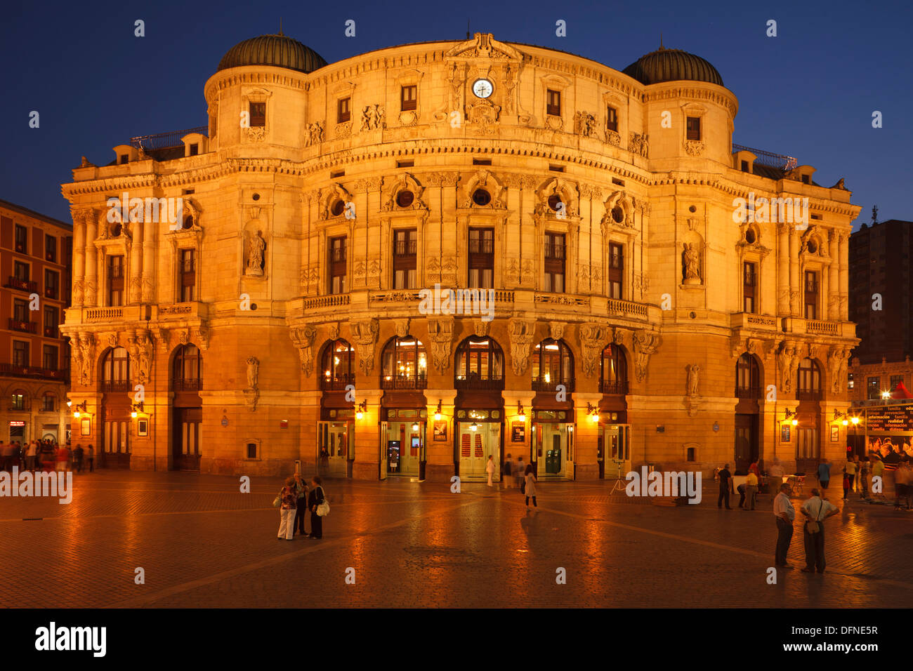 The illuminated Teatro Arriaga theatre in the evening, Plaza de Arriaga ...