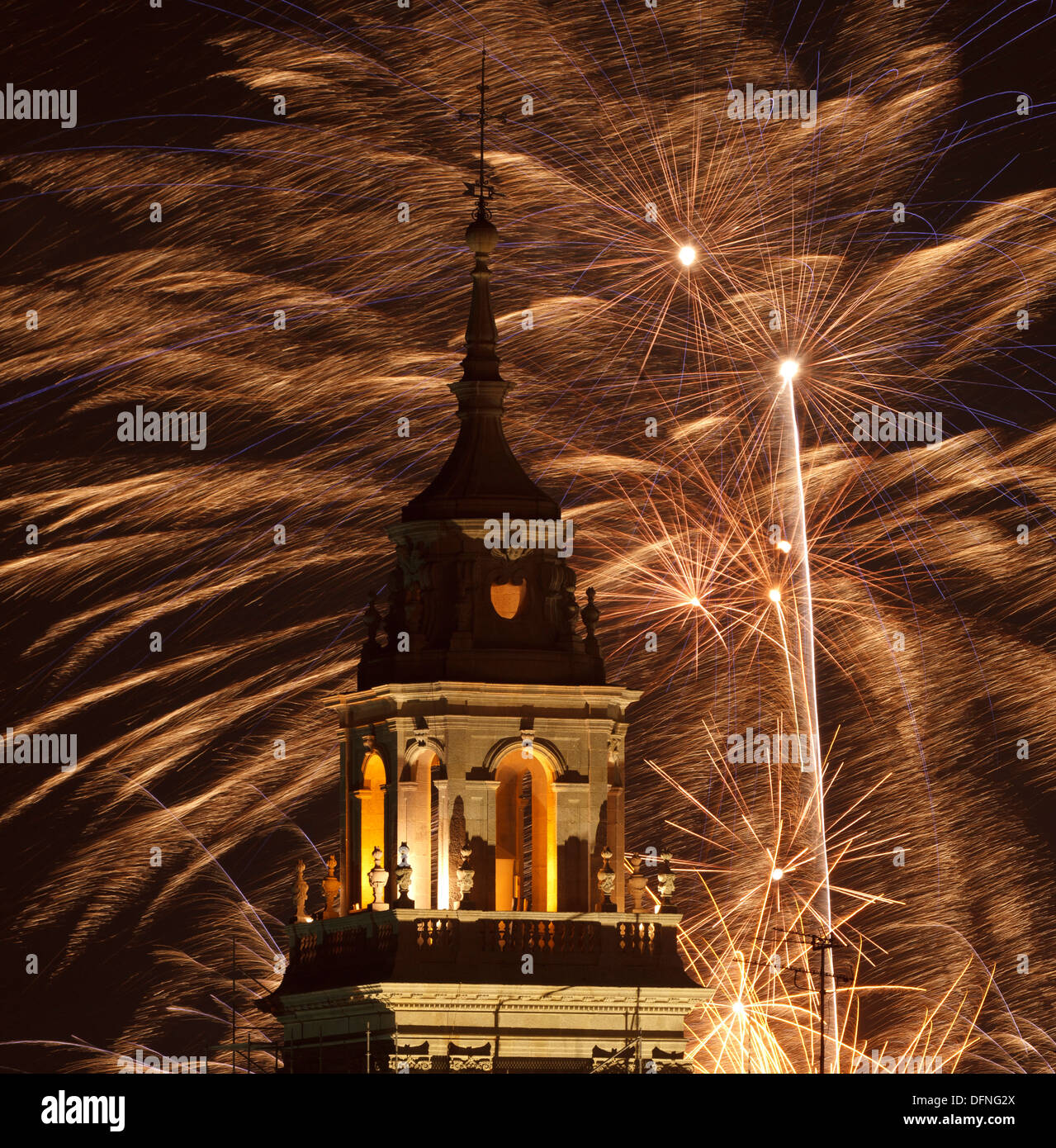 Fireworks, Fiesta de San Froilan, city festival, bell tower, Catedral ...