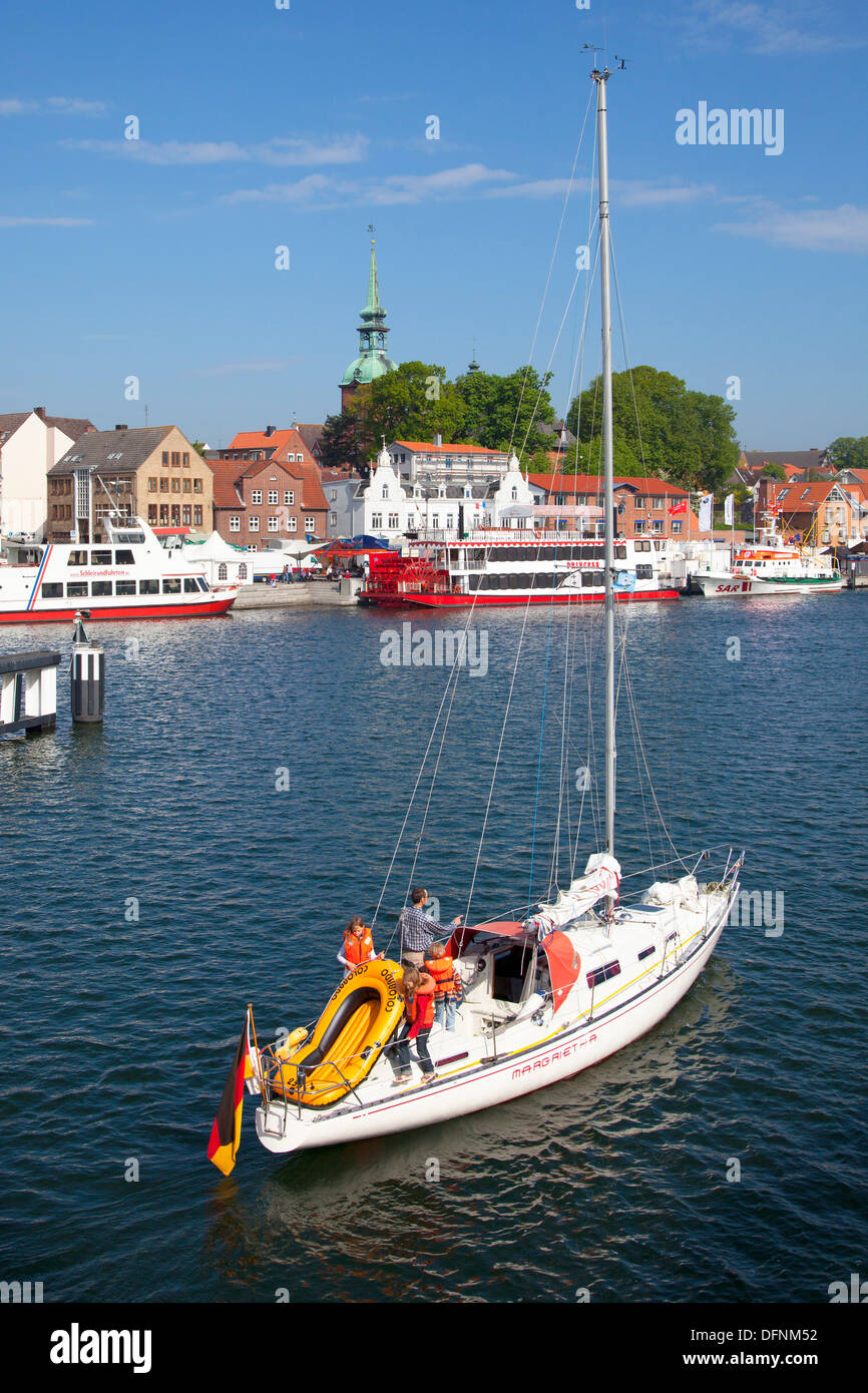 Sailing boat at harbour, Kappeln, Schlei fjord, Baltic Sea, Schleswig ...
