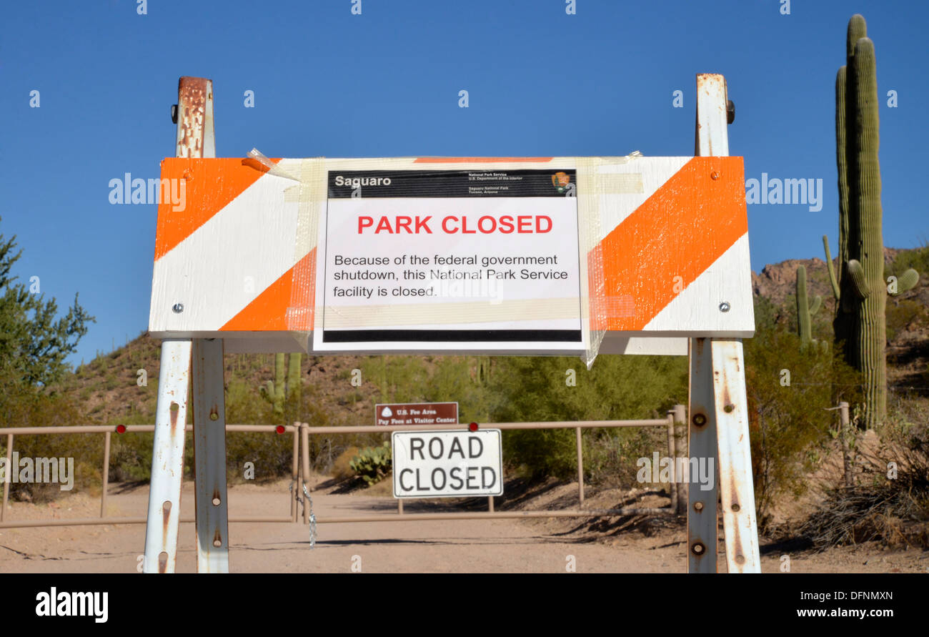Signs at Saguaro National Park, Tucson, Arizona, USA, indicate that the ...