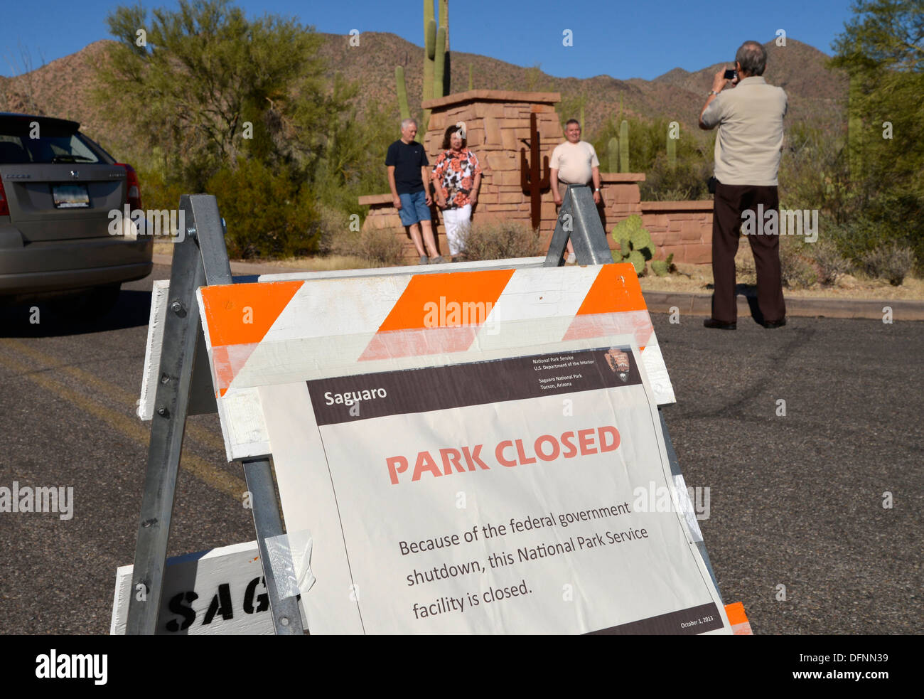 Signs at Saguaro National Park, Tucson, Arizona, USA, indicate that the ...