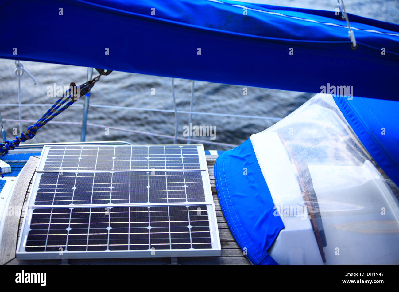 Solar charging batteries aboard a sail boat. Photovoltaic panels ...