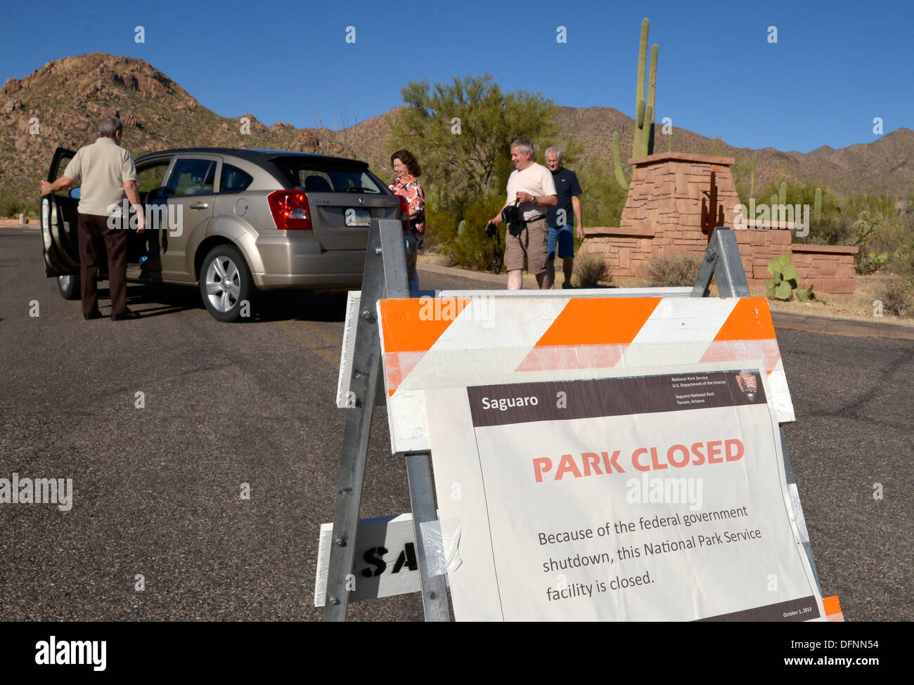 Signs at Saguaro National Park, Tucson, Arizona, USA, indicate that the ...