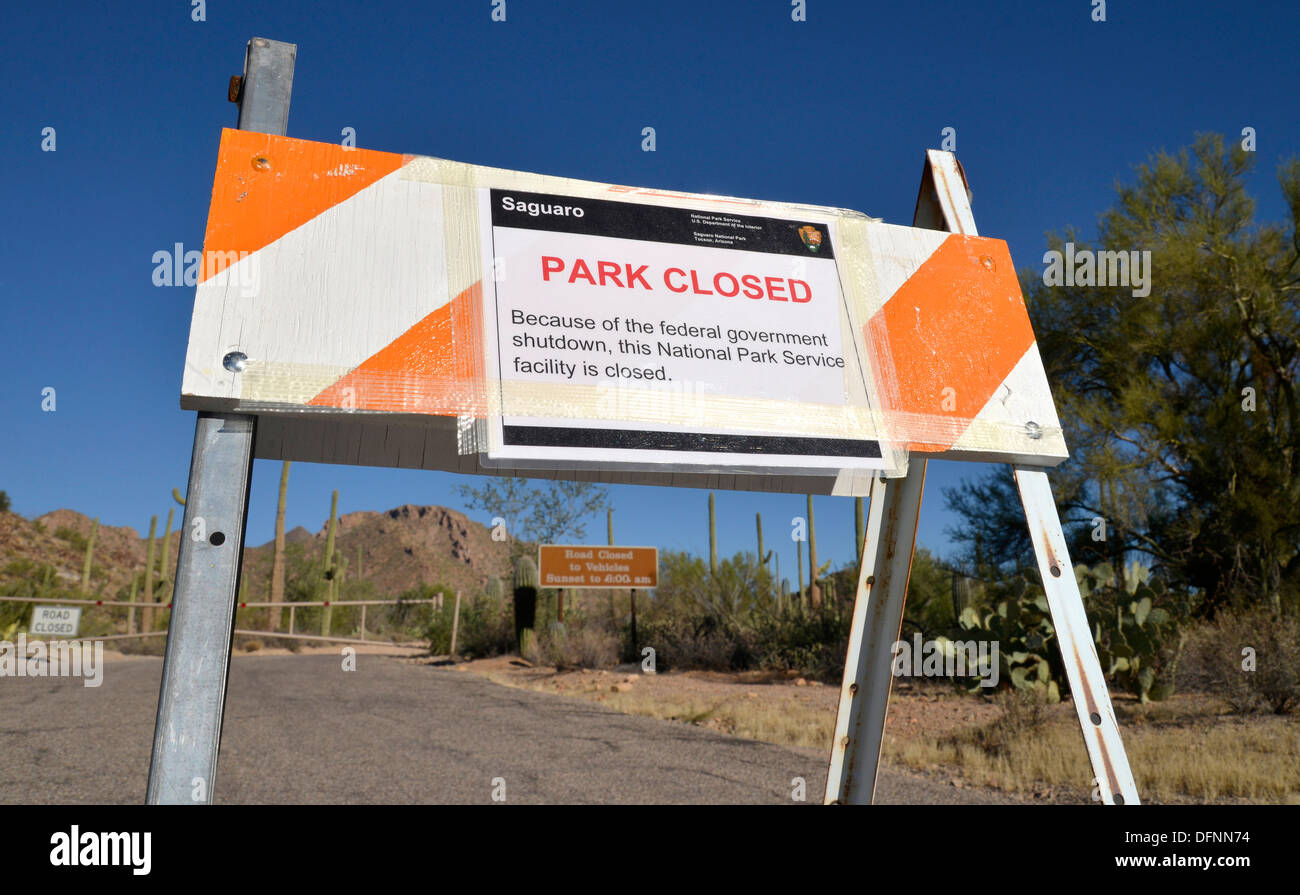 Signs at Saguaro National Park, Tucson, Arizona, USA, indicate that the ...