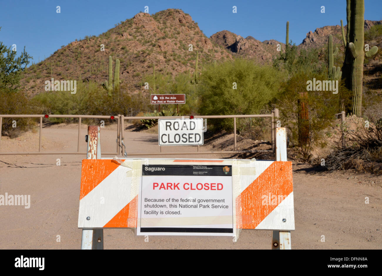 Signs at Saguaro National Park, Tucson, Arizona, USA, indicate that the ...