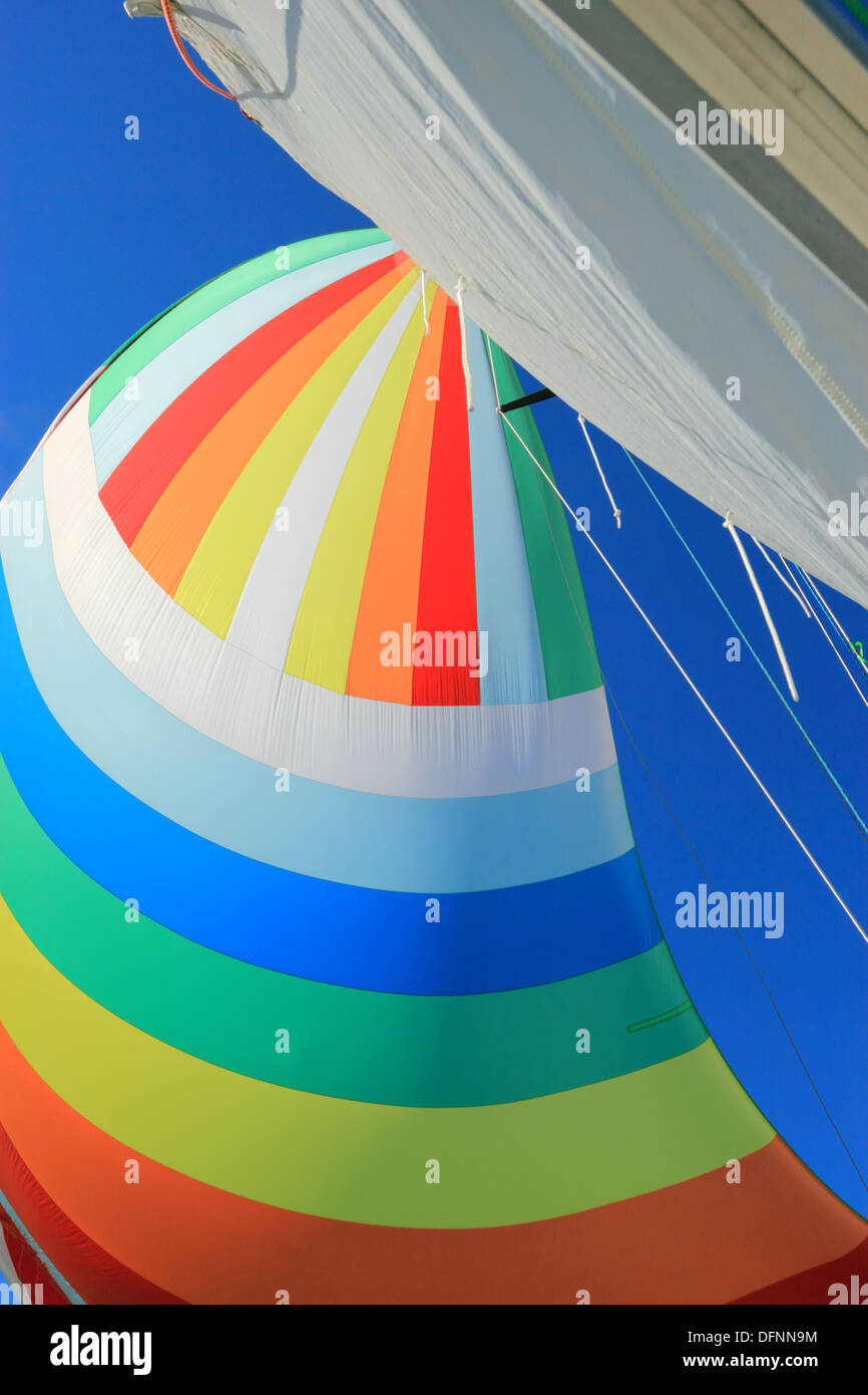 The wind has filled the spinnaker on sailing yacht. Detail of a ...