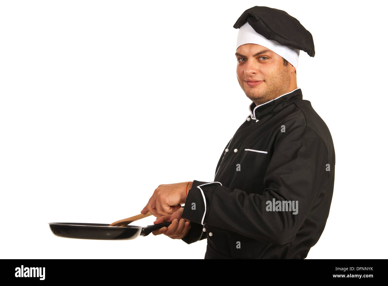 Chef man preparing food in frying pan isolated on white background ...