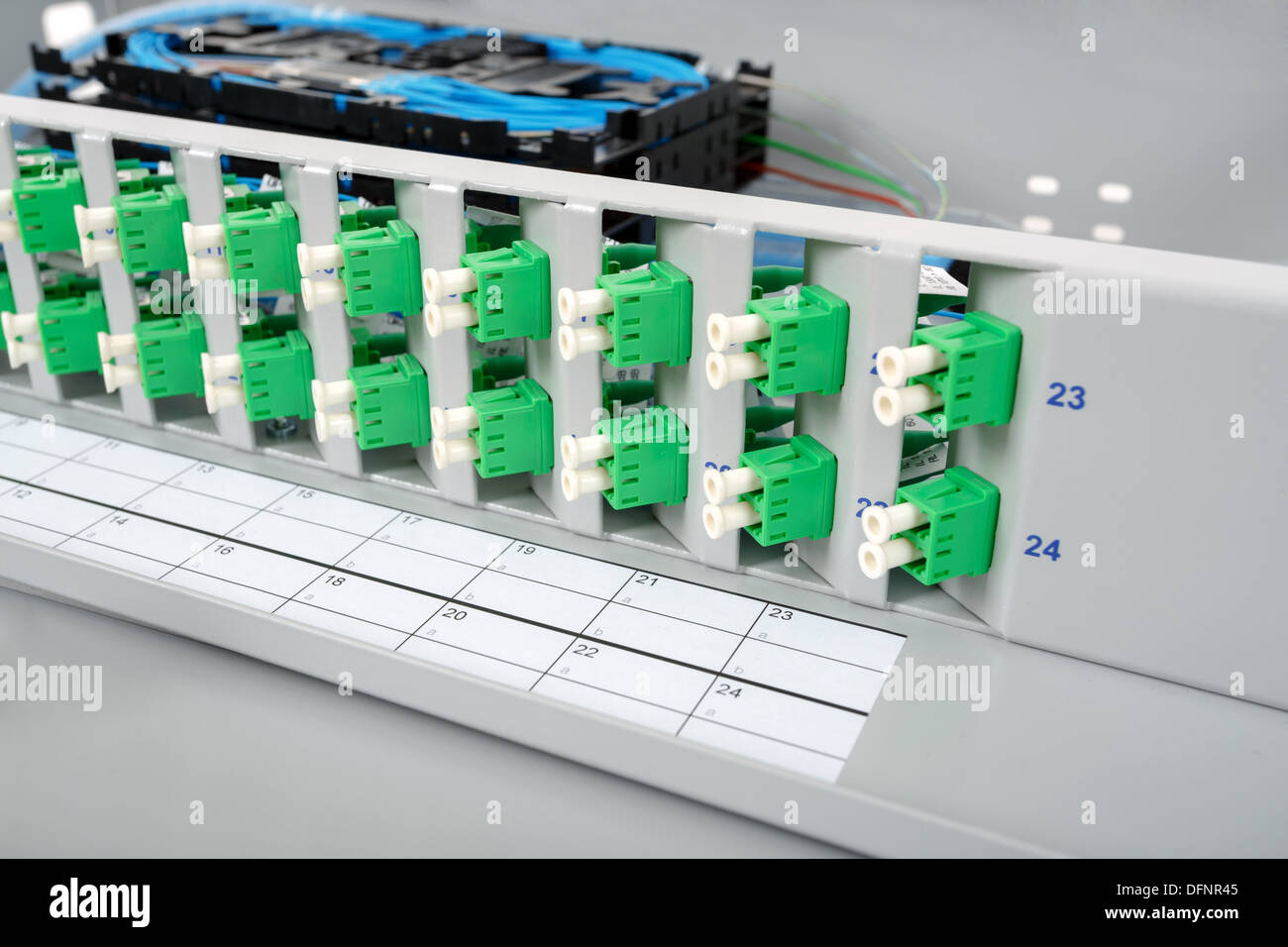 stack of fiber optic cassettes installed in optical distribution frame ...
