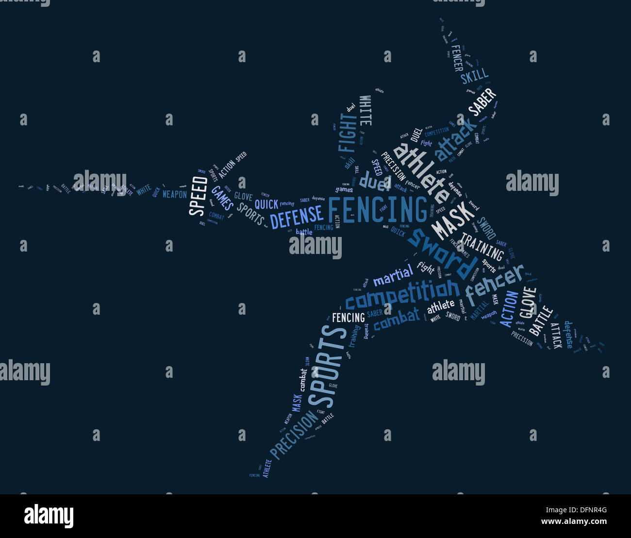 fencing pictogram with blue colored related wordings on blue background ...