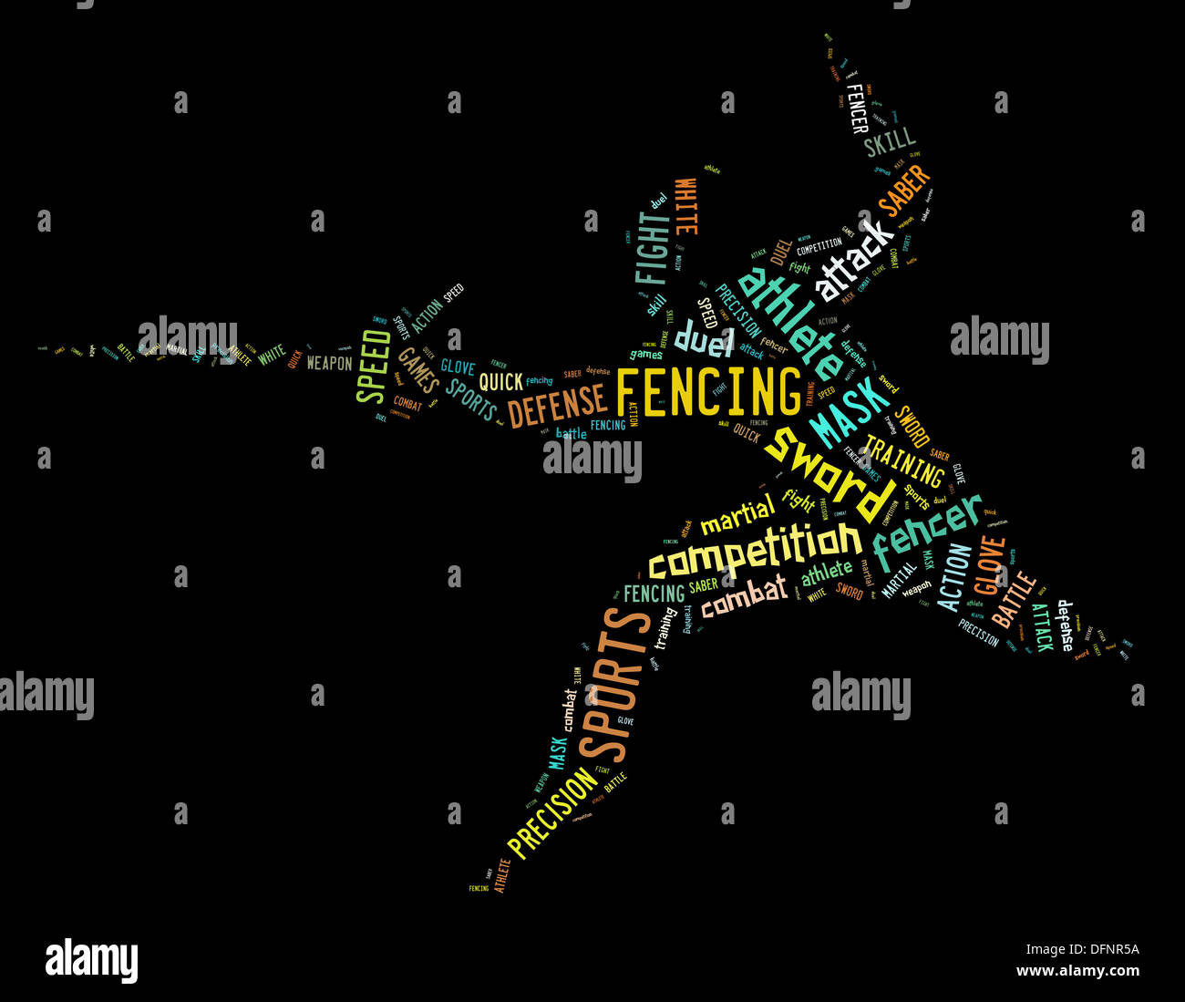 fencing pictogram with colorful colored related wordings on black ...