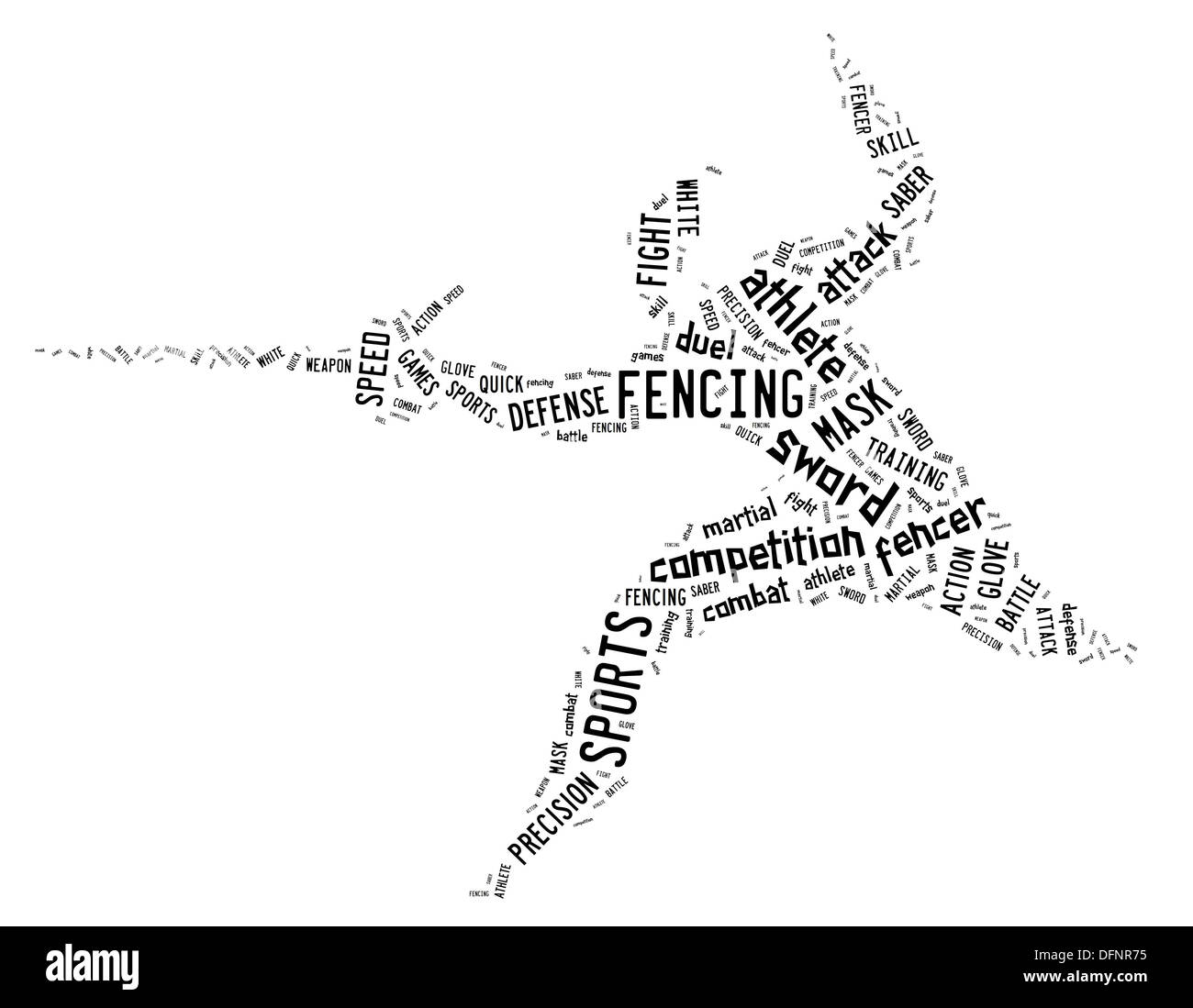 fencing pictogram with black colored related wordings on white ...