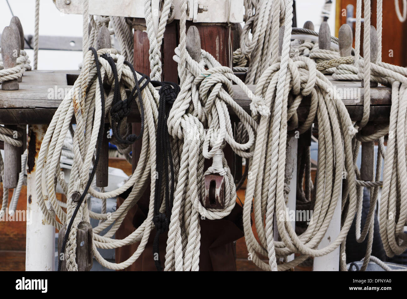 Rigging, ropes on a sailing-ship, harbour, Adriatic Sea. Grado, Regione ...