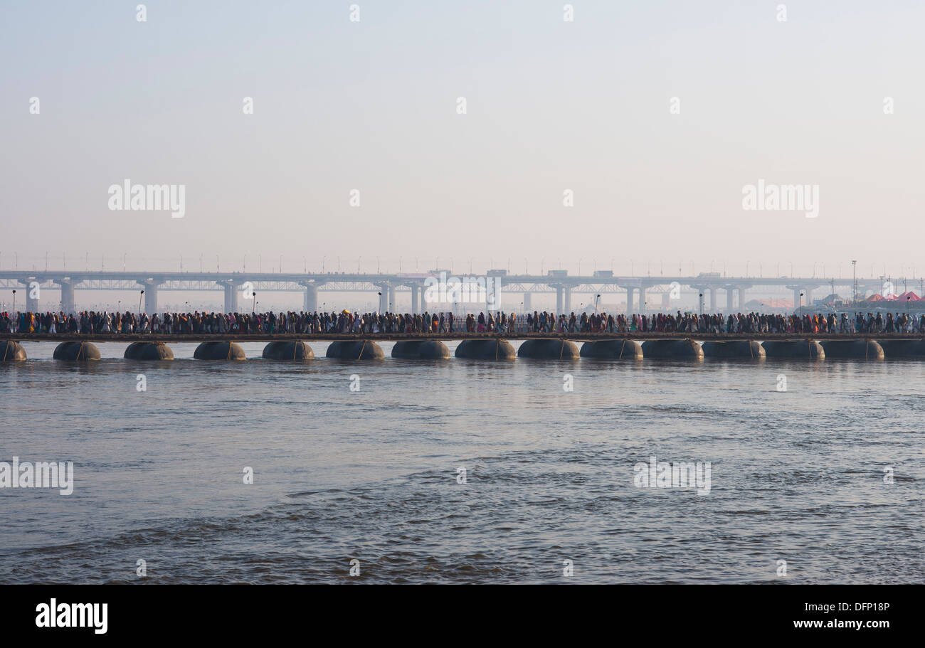 Bridges across a river, Ganges River, Allahabad, Uttar Pradesh, India ...