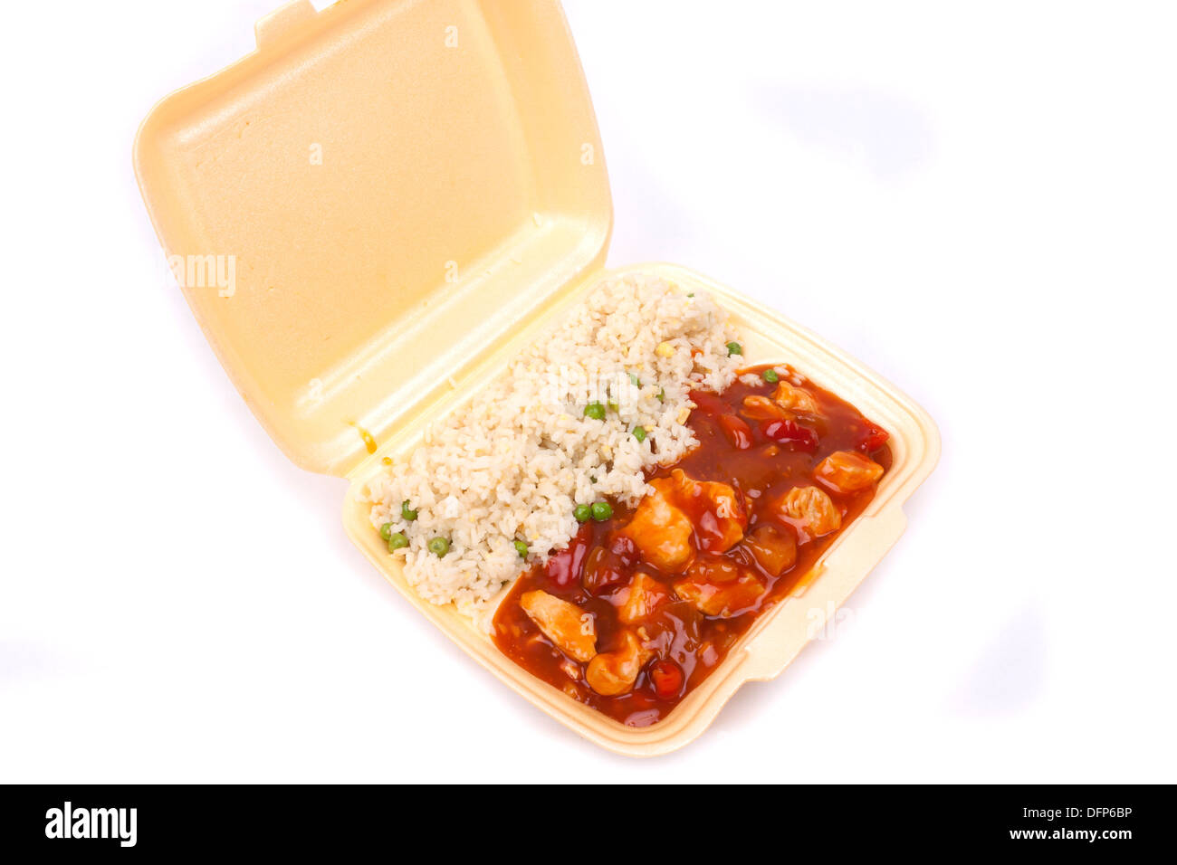 Closeup photo of take away chinese sweet and sour chicken with rice ...