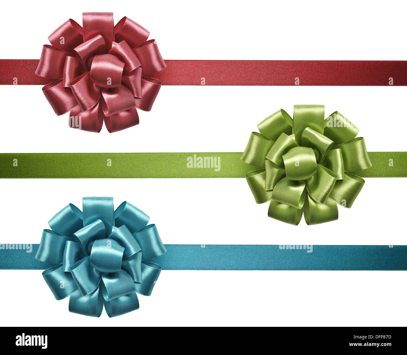 Set of red, green and blue satin ribbons with bow isolated on white ...