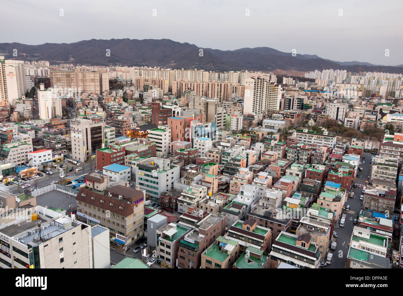 Skyline of Seoul, Korea with high-rise apartment blocks. Seoul is a ...