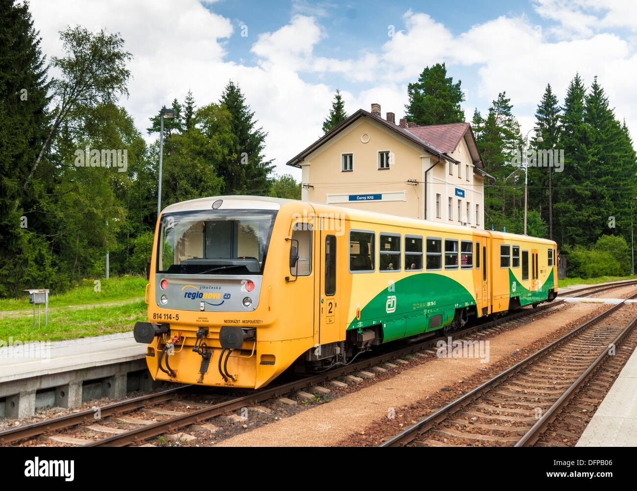 regional train in a railway station, Cerny Kriz, Sumava Mts., Czech ...