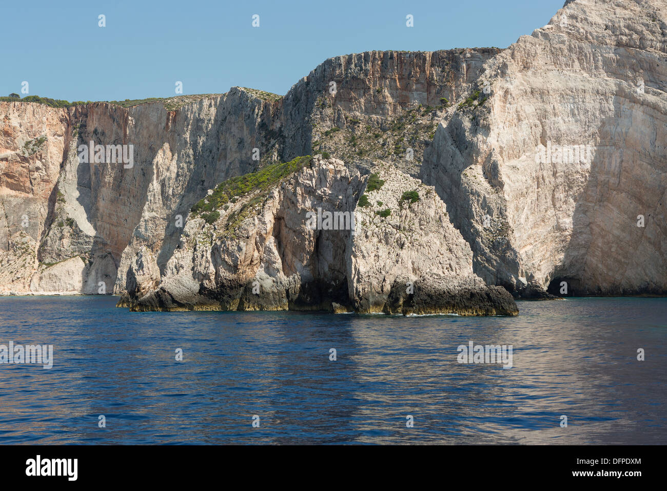 High eroded limestone cliffs at west coast Zakynthos (Zante) island ...