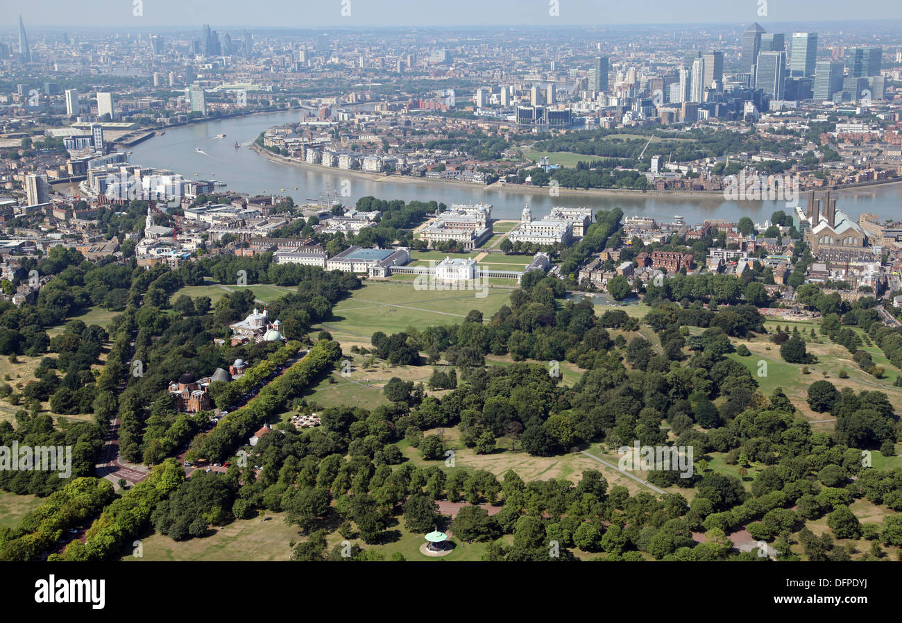 aerial view of Greenwich Park, River Thames, Isle of Dogs, London Stock ...