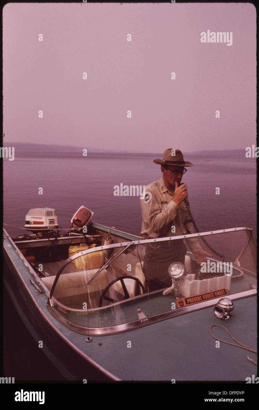U.S. FOREST SERVICE RANGER IN PATROL BOAT AT STILLWATER ON THE HUDSON ...