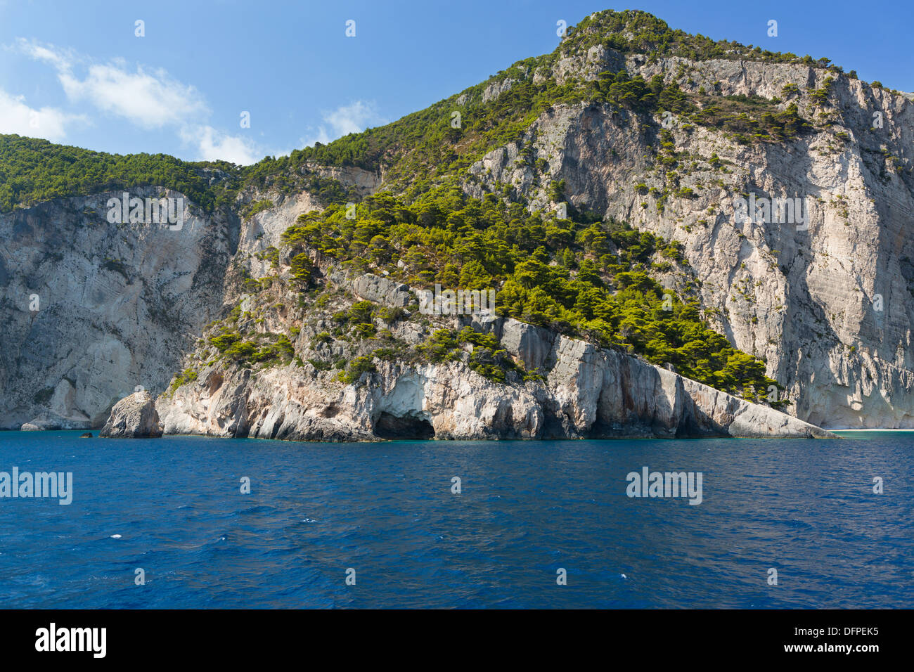 High eroded limestone cliffs at west coast Zakynthos (Zante) island ...