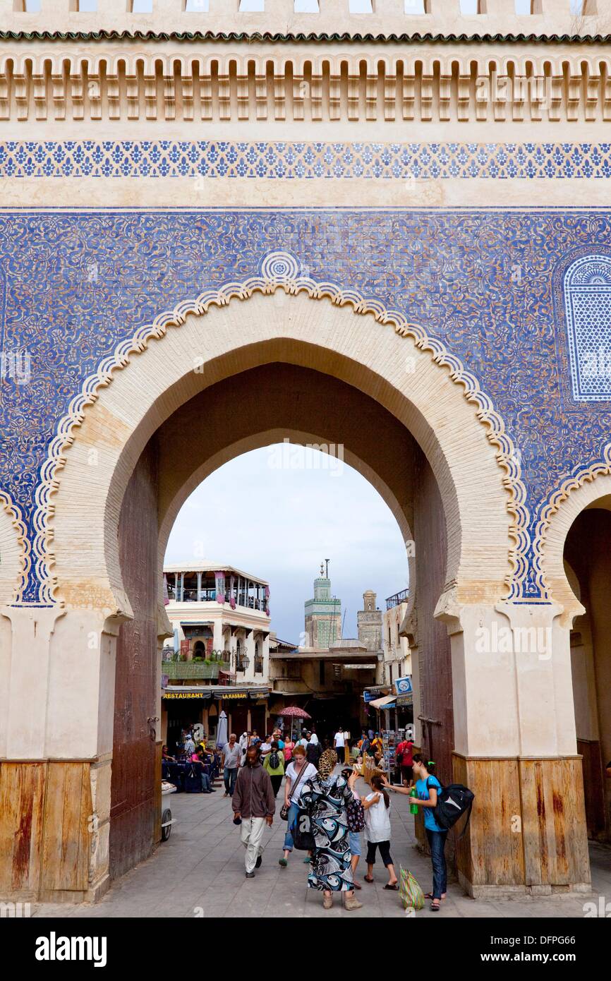 The blue gate entrance to the medina, old city of Fes, Morocco Stock ...