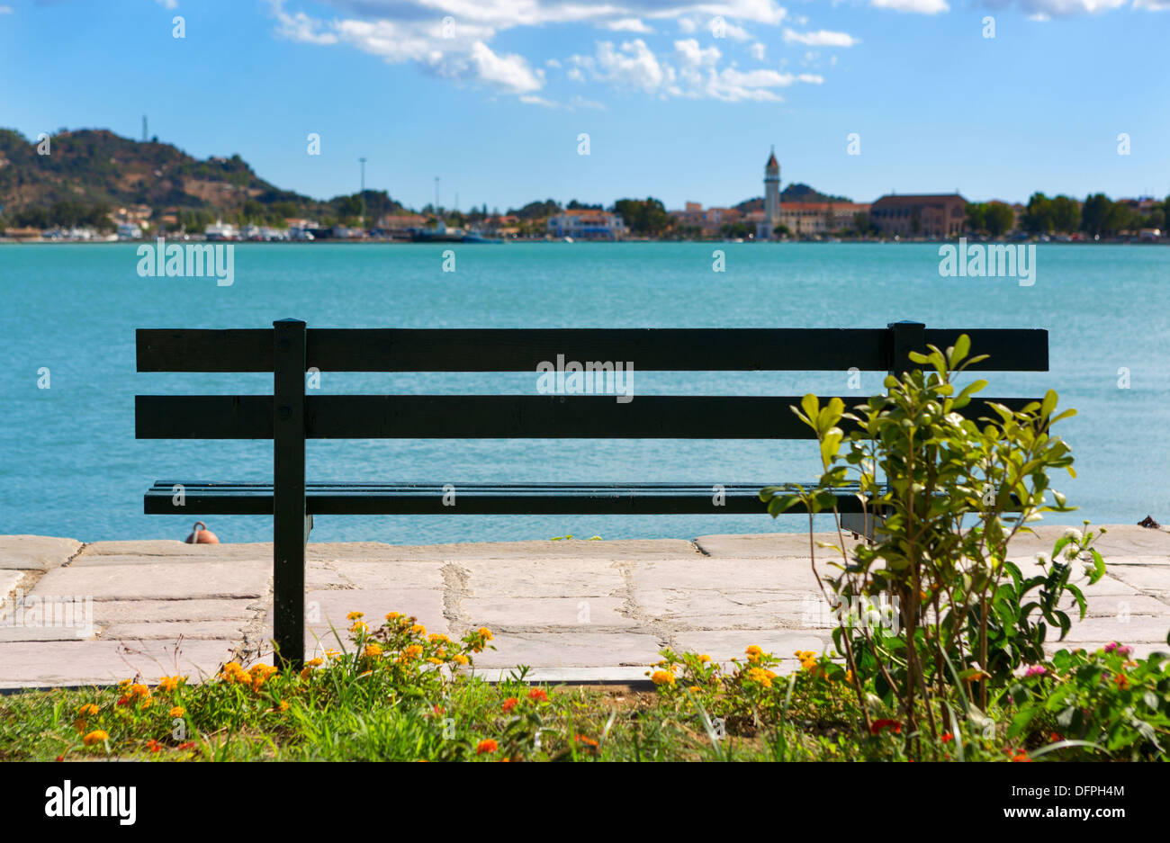 Bench on shore a Bay, background of the sea Stock Photo - Alamy