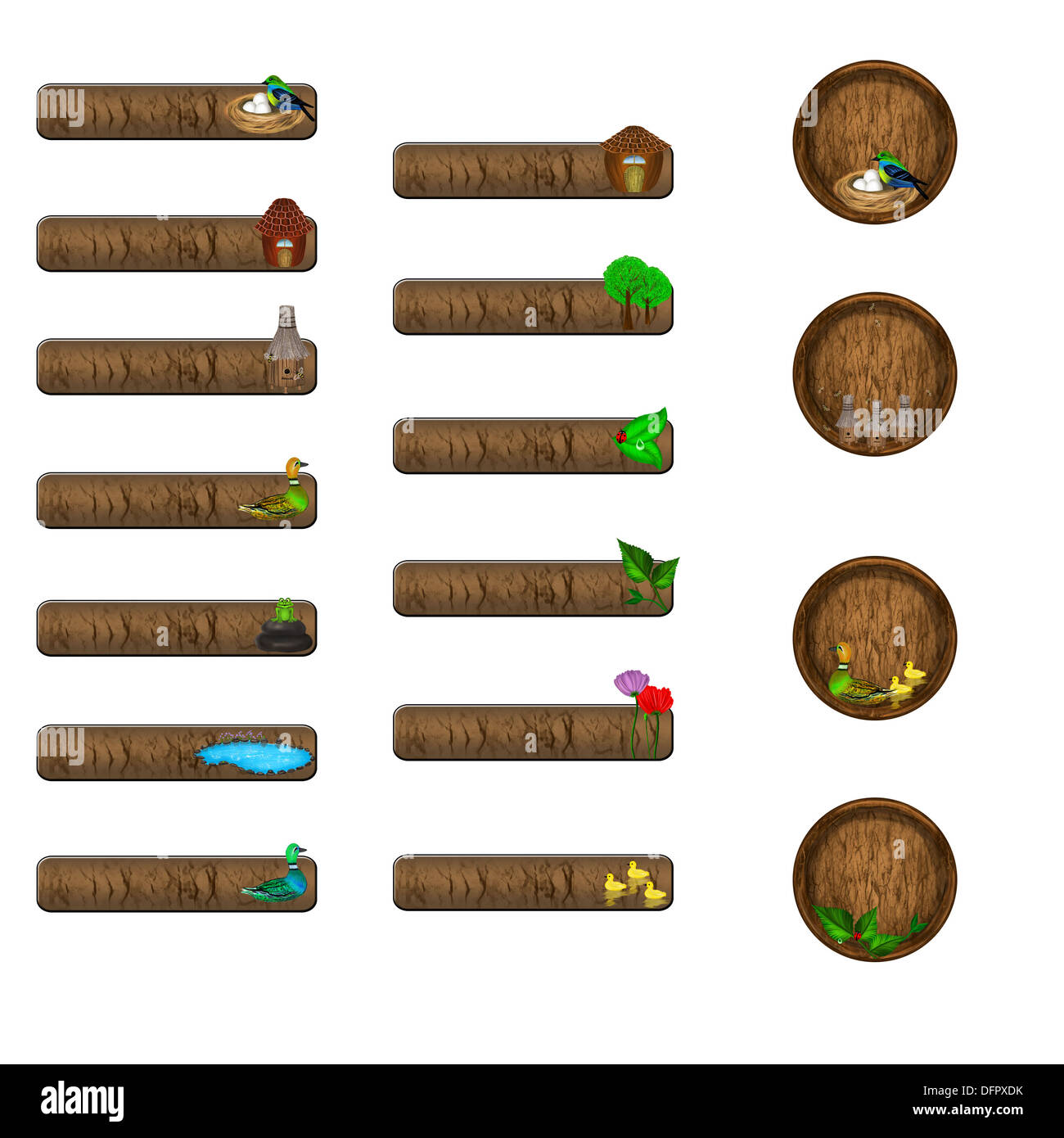 Buttons and icons for web site of nature. Buttons with tree bark ...