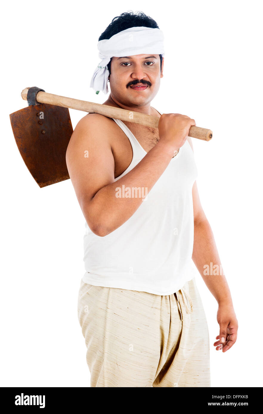 Portrait of a farmer carrying spade on his shoulders Stock Photo - Alamy