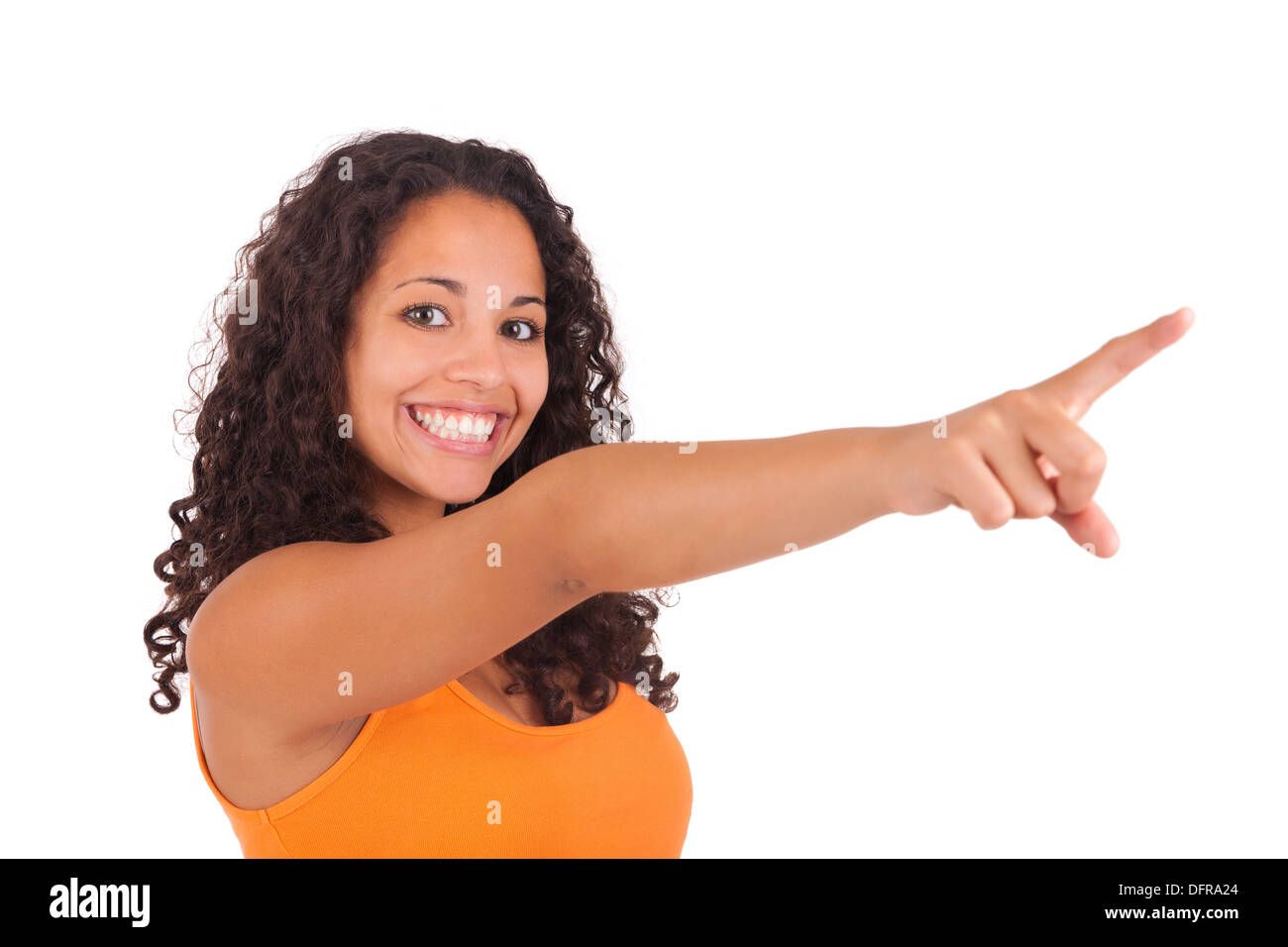 Young african american woman displaying something isolated Stock Photo ...