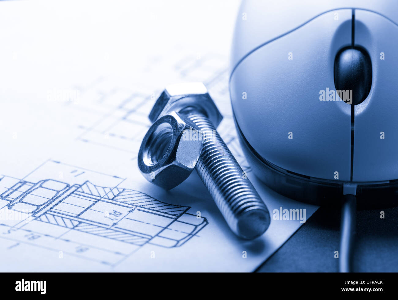 Drafting, mouse and screw bolt with nut Stock Photo - Alamy