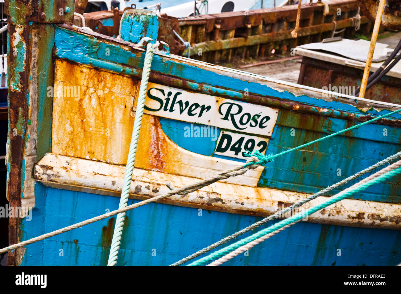 Old fishing trawler wood built Silver Rose moored at Bunbeg Harbour ...