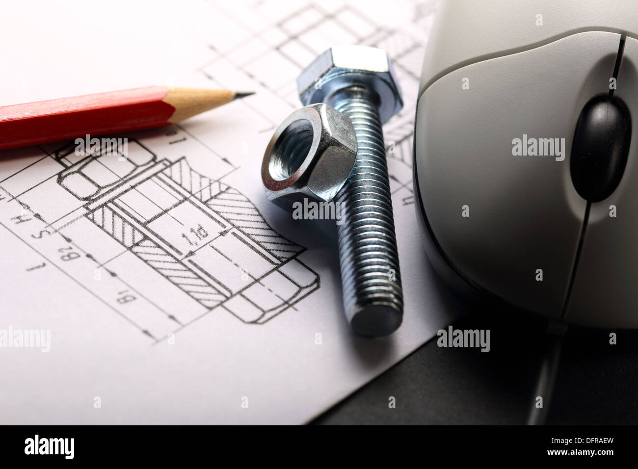 Drafting, mouse and screw bolt with nut Stock Photo - Alamy