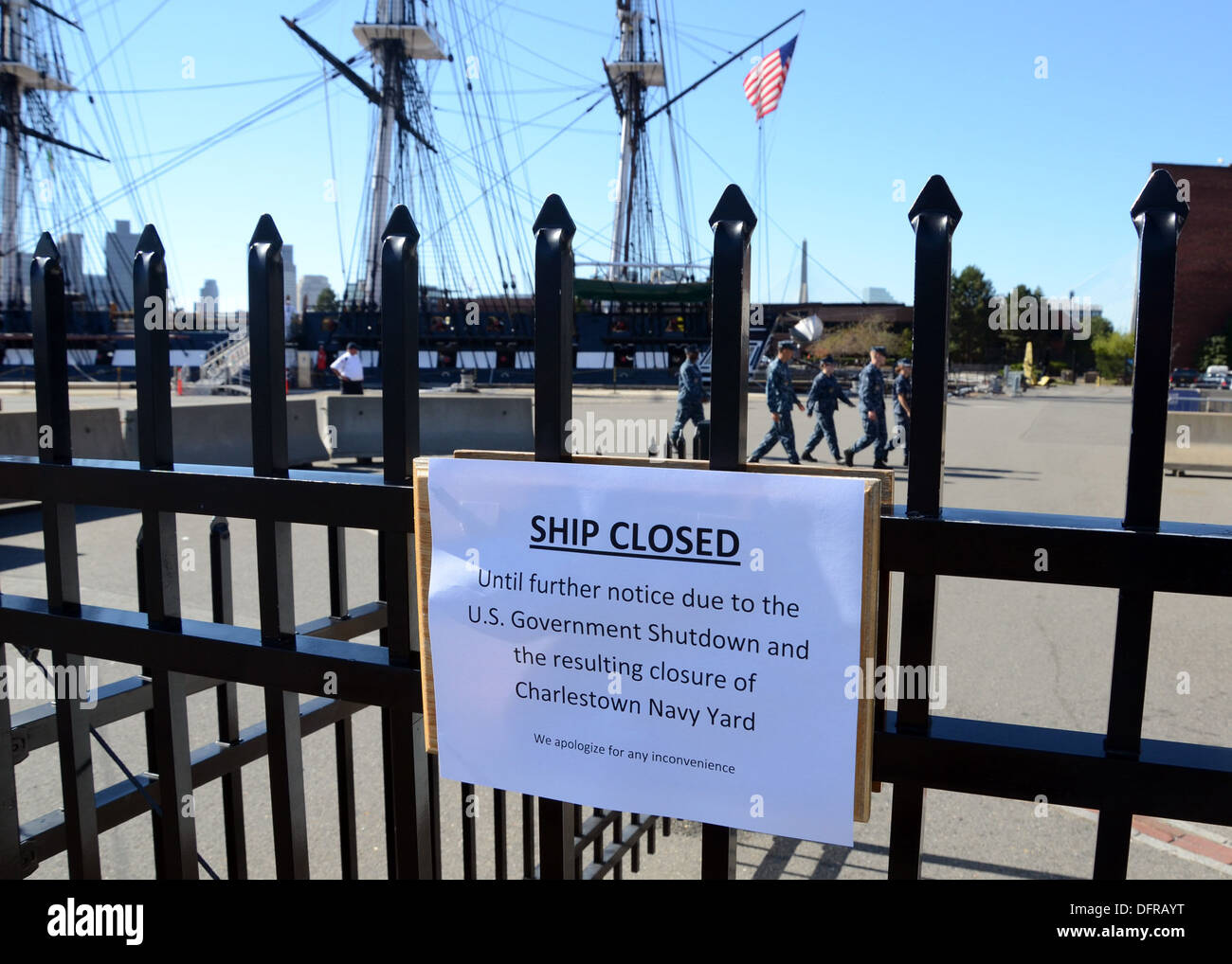 A closed notice posted at the front gate of USS Constitution in ...