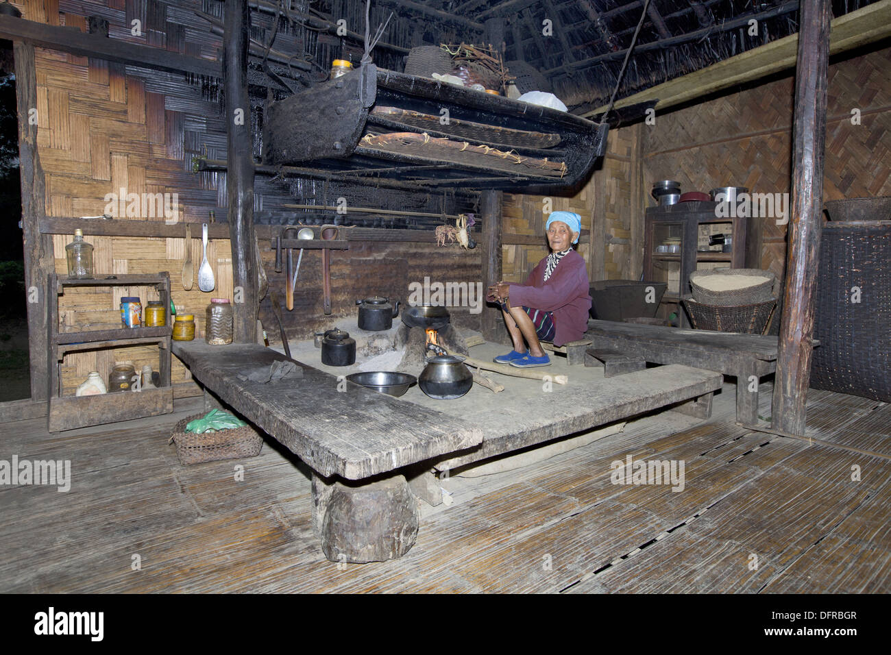 Inside view of a kitchen of Naga tribal house, Nagaland, India Stock ...