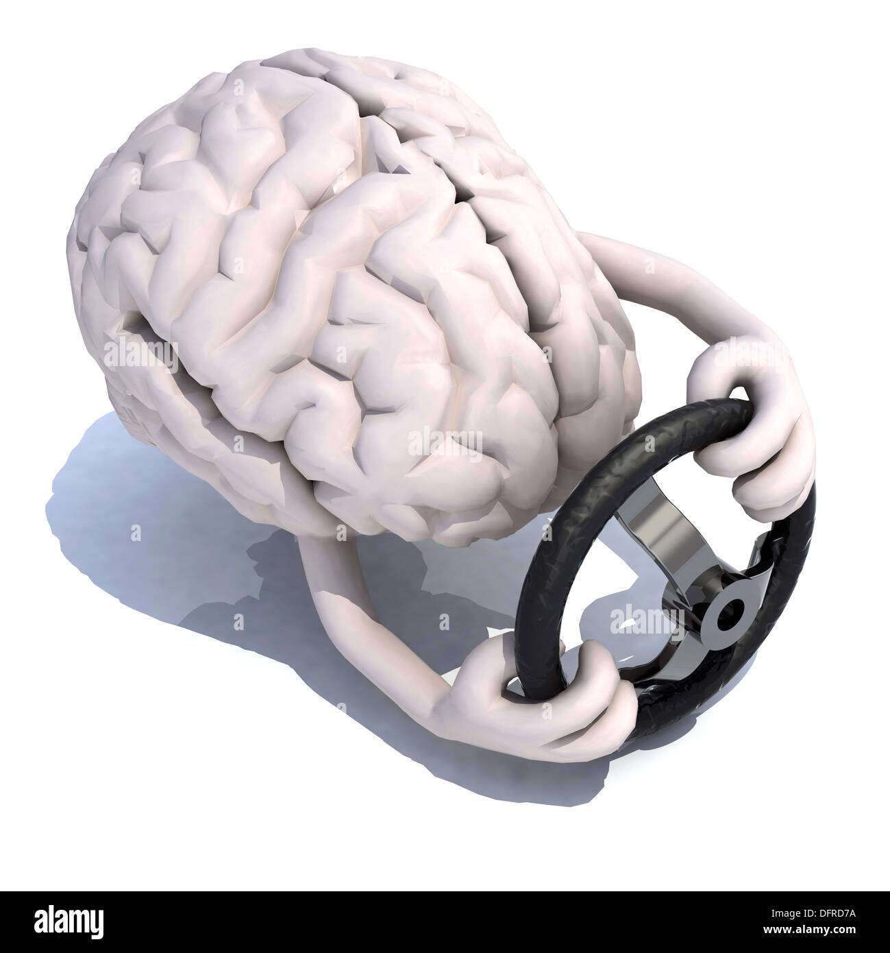 human brain with arms and steering wheel car, 3d illustration Stock ...
