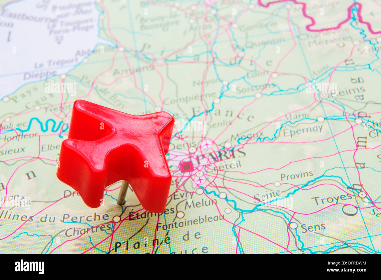 Map Of France With Push Pin Plane Over Paris Stock Photo - Alamy