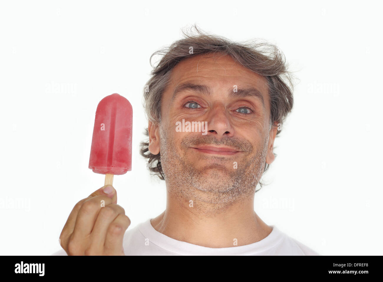 happy man holding red popsicle over white background Stock Photo - Alamy