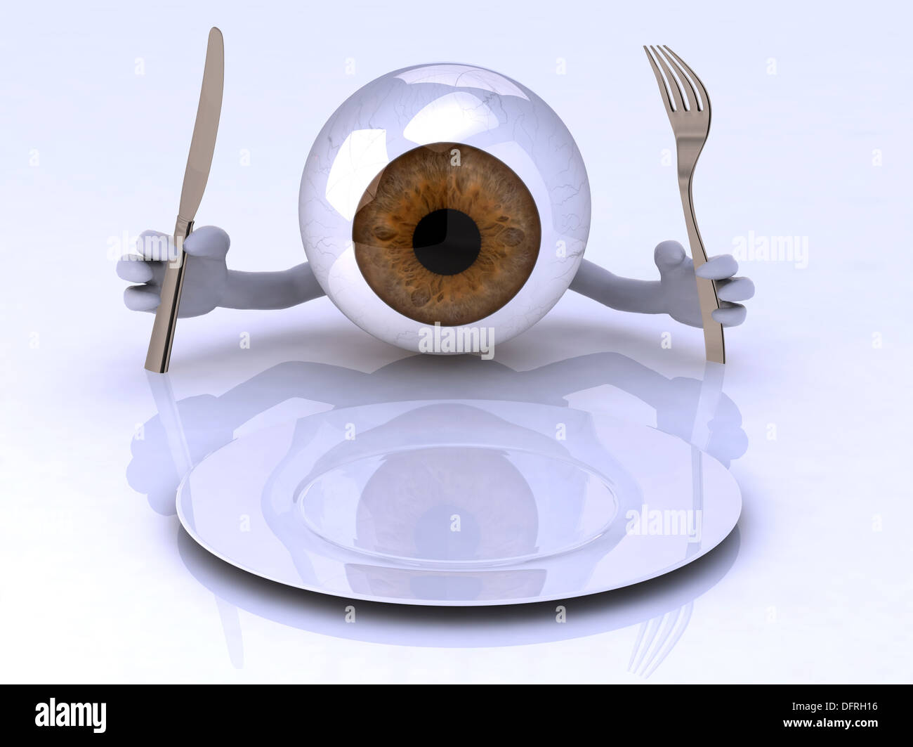 Big eye with hands and utensils in front of an empty plate, 3d ...