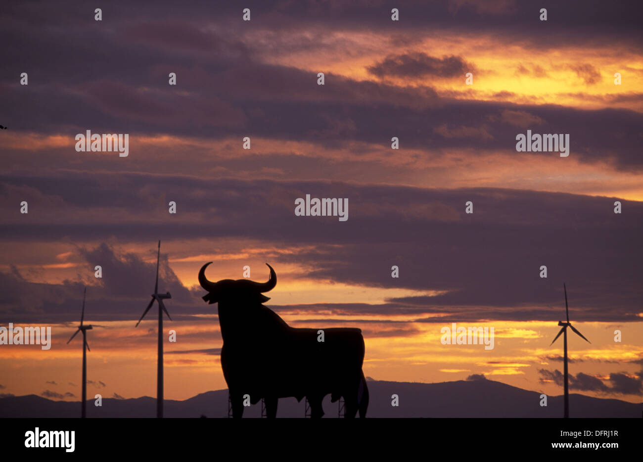Osborne Bull, Spanish icon in a Wind Mill at sunset, La Muela, Zaragoza ...