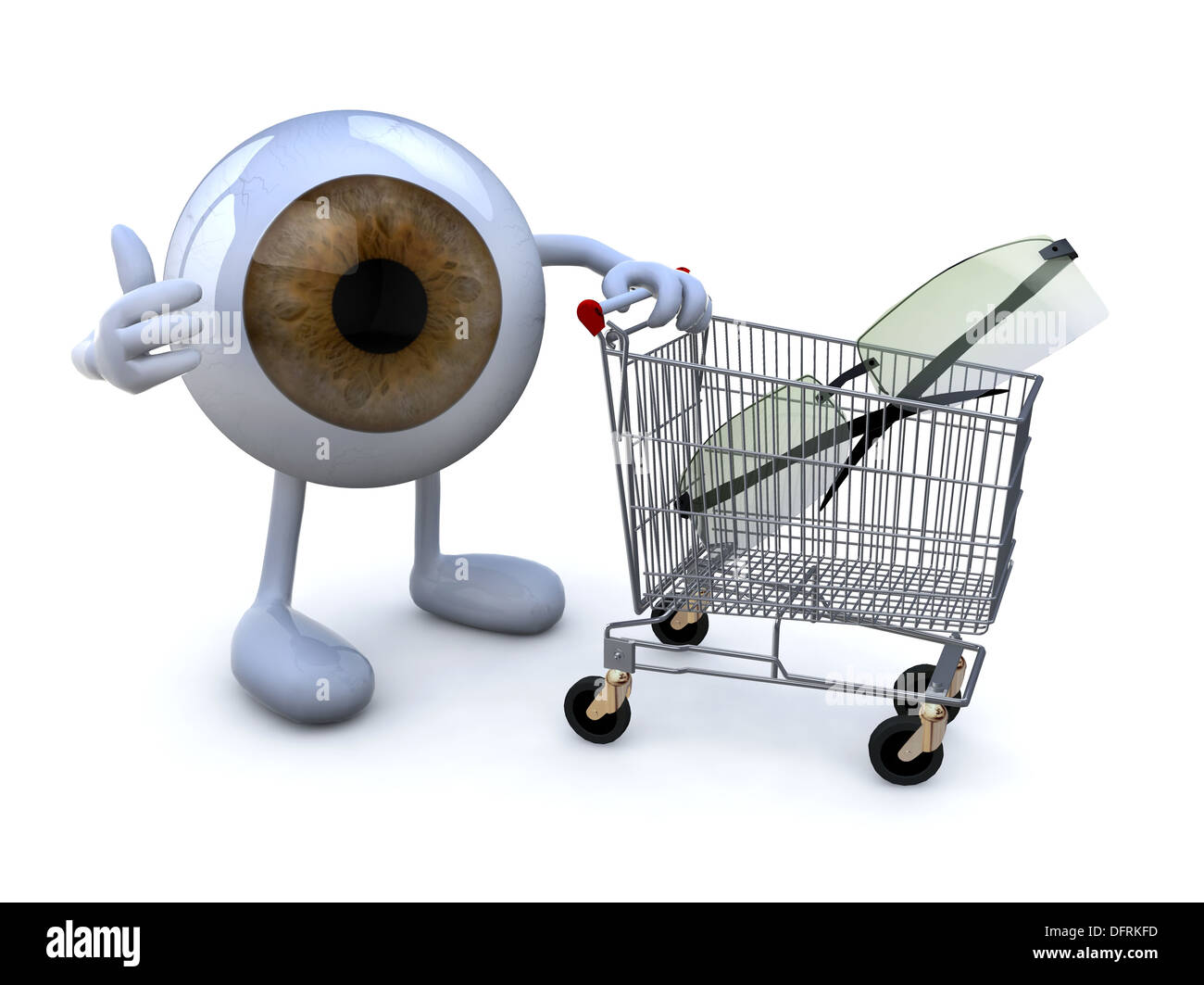 eye with arms and legs and shopping cart with eyeglasses, 3d ...