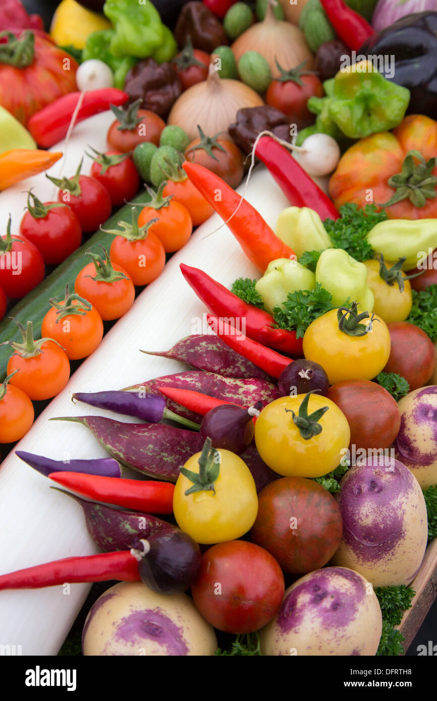 Mixed vegetables on a garden produce show stand, England, UK Stock ...