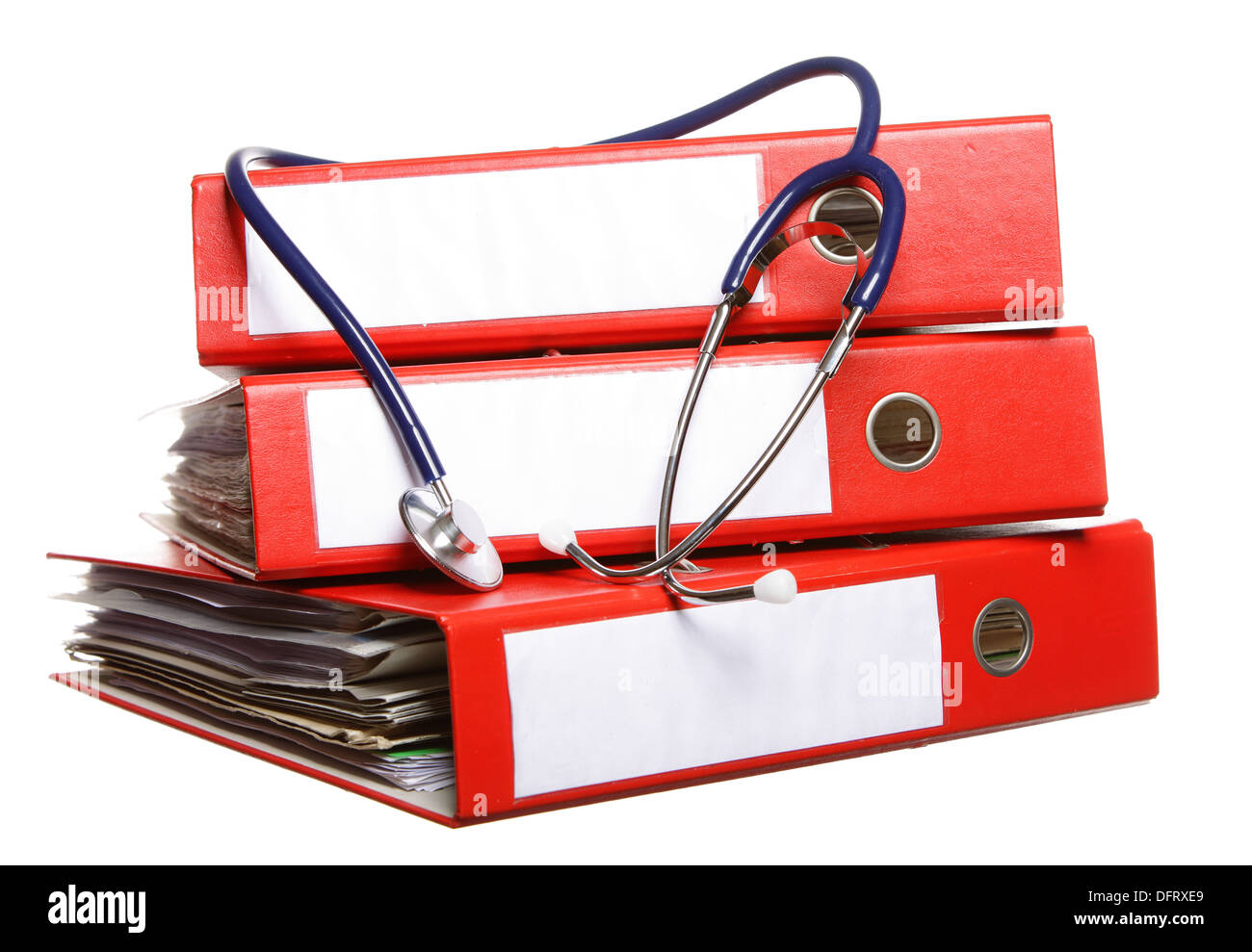 stack of red file folders with blue stethoscope on white background ...