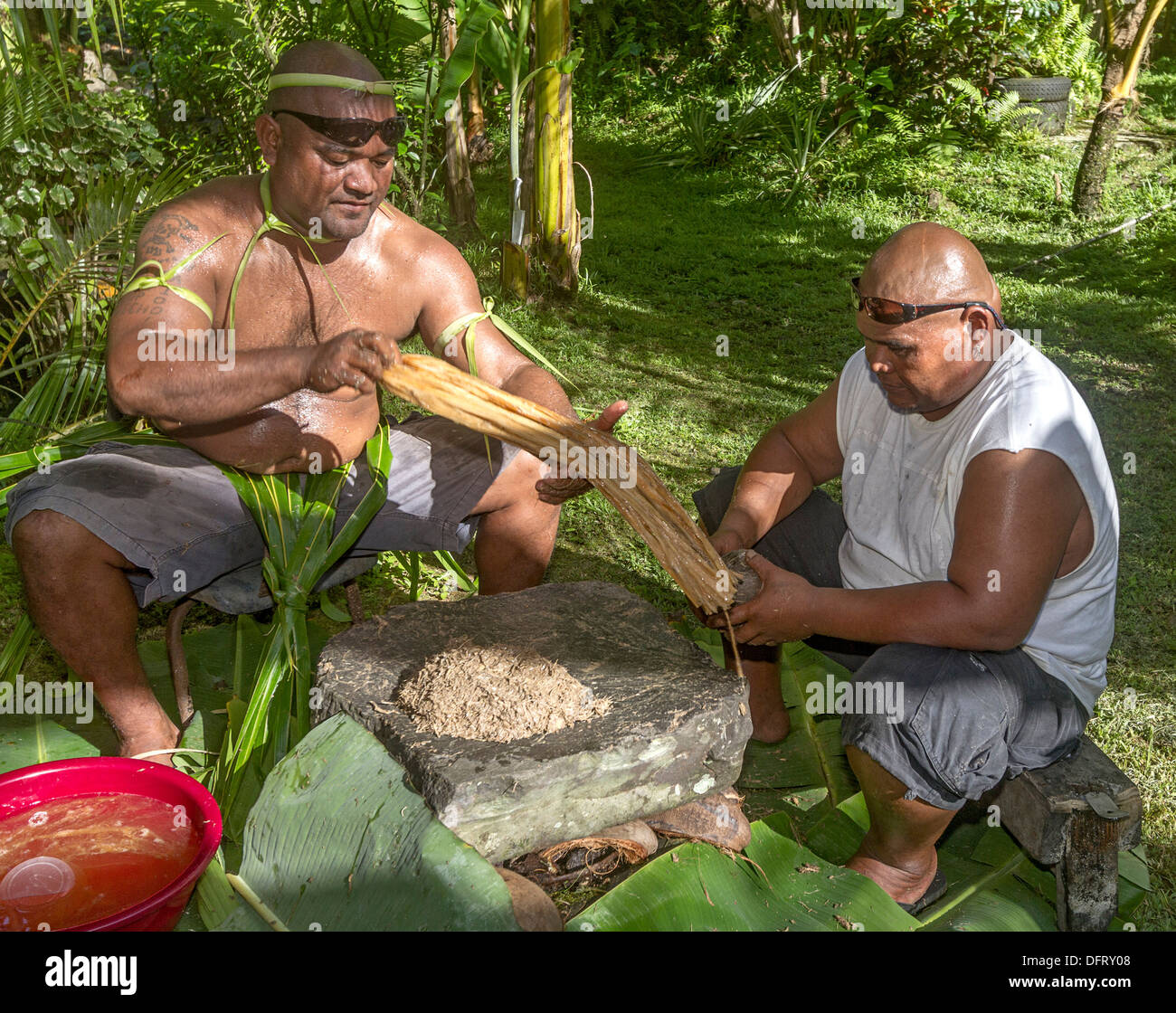 Two local men straighten bamboo bark strips before straining kava (also ...