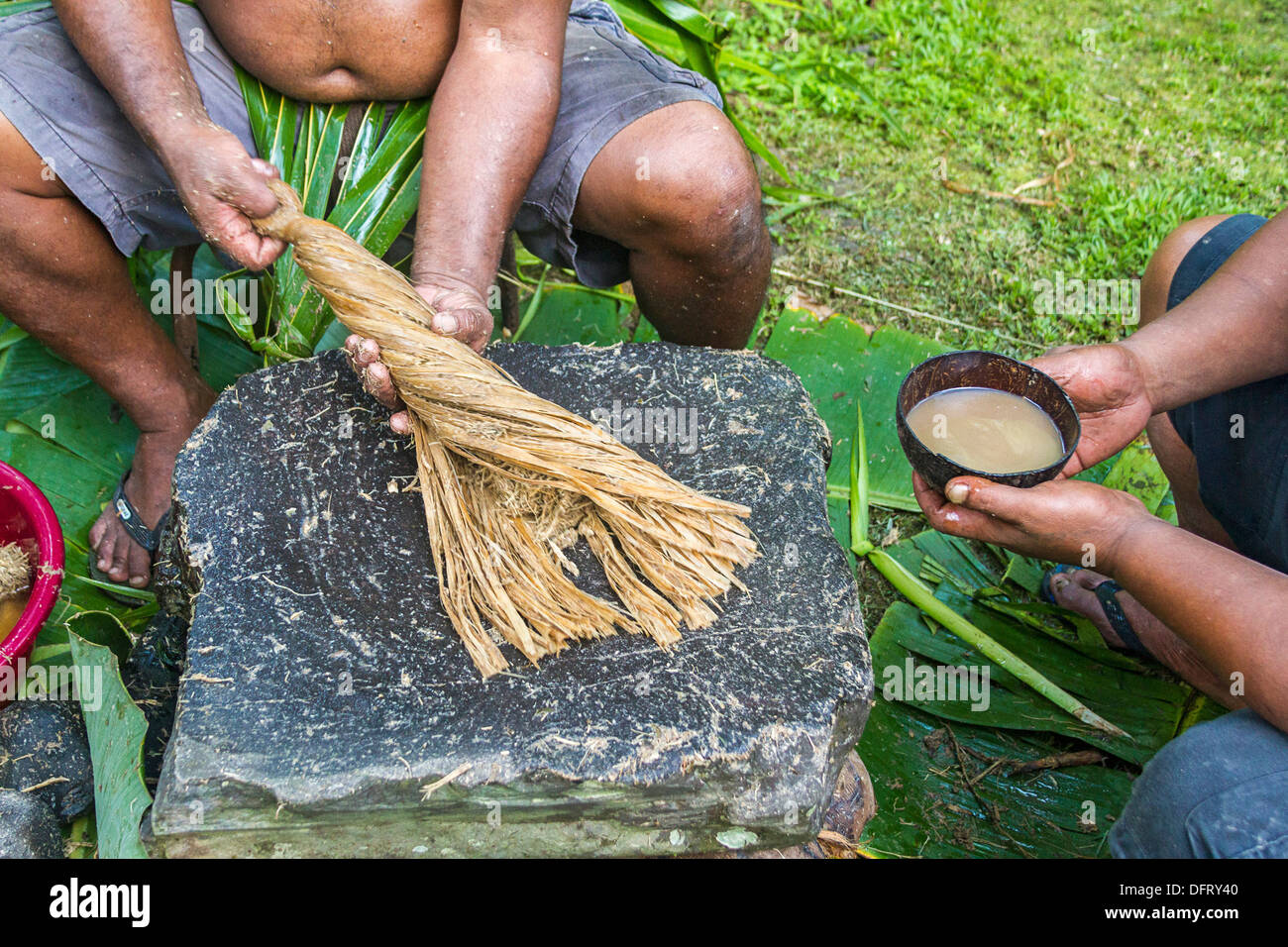 Local man shapes pounded kava root and rolls it into bamboo strips to ...